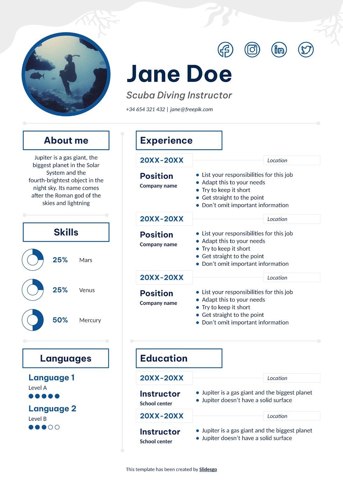 Scuba Diving Instructor CV | Google Slides and PowerPoint