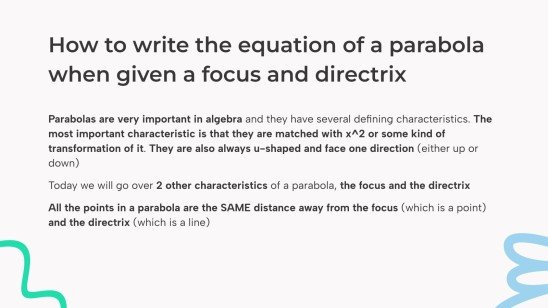 Equation of a Parabola When Given a Focus and Directrix