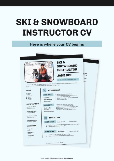 Ski & Snowboard Instructor CV | Google Slides & PPT
