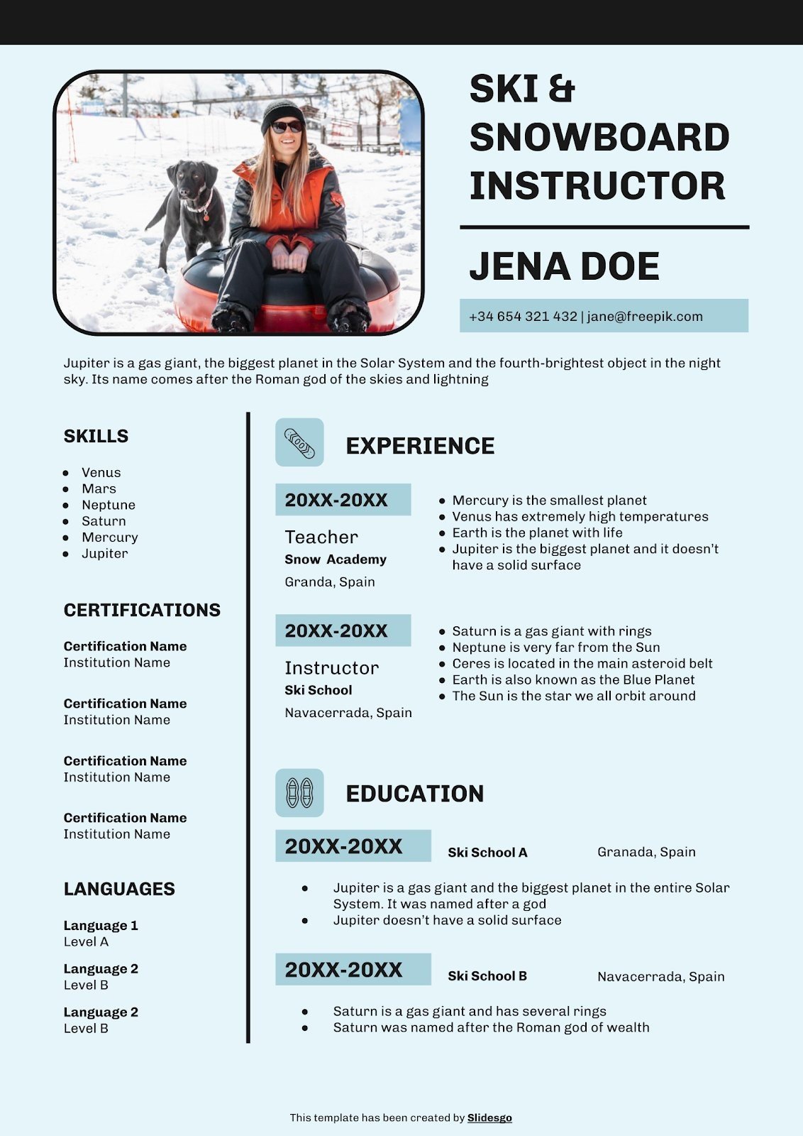 Ski & Snowboard Instructor CV | Google Slides & PPT