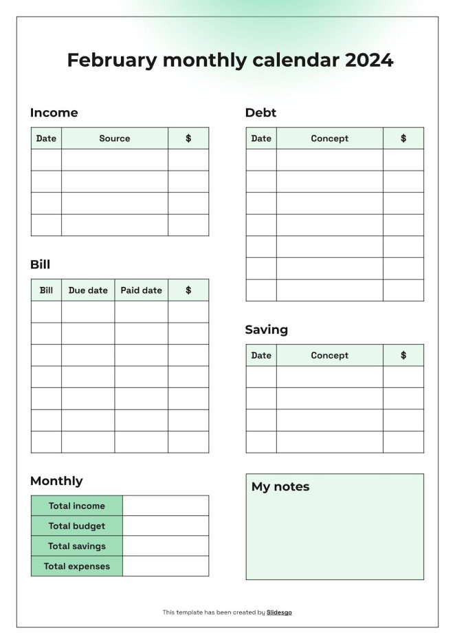 February Monthly Calendar 2024