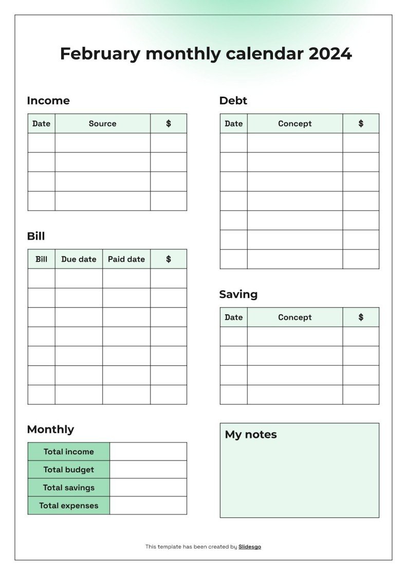 February Monthly Calendar 2024