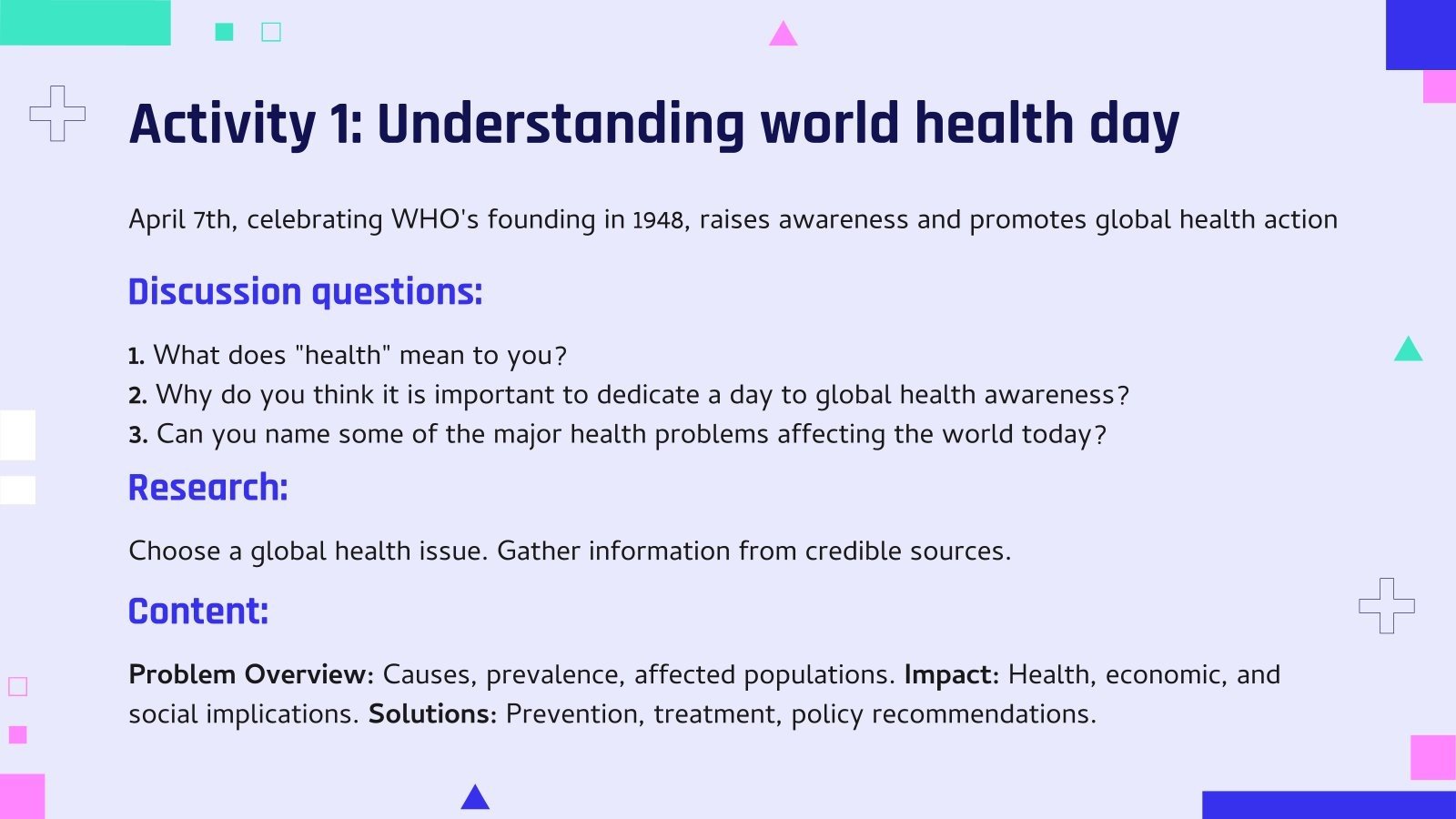 World Health Day Activities for High School Presentation