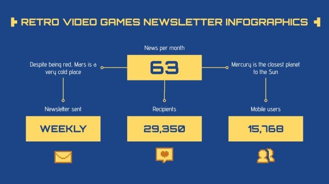 Infográficos de newsletter estilo videogame retrô