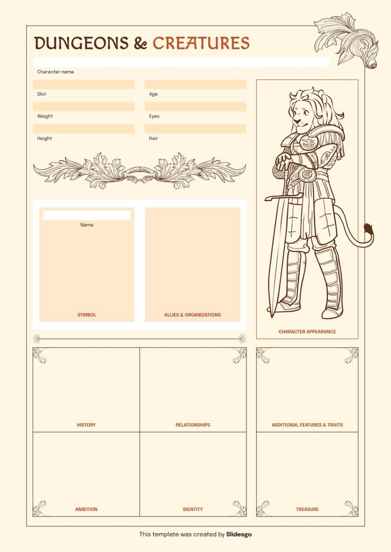 Dungeons and Creatures: Leonin Character Sheet Presentation