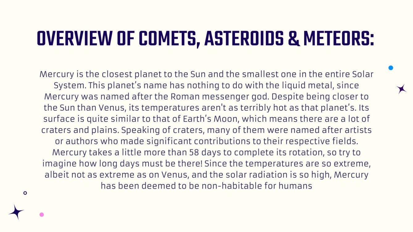 Comets, Meteors and Asteroids Presentation