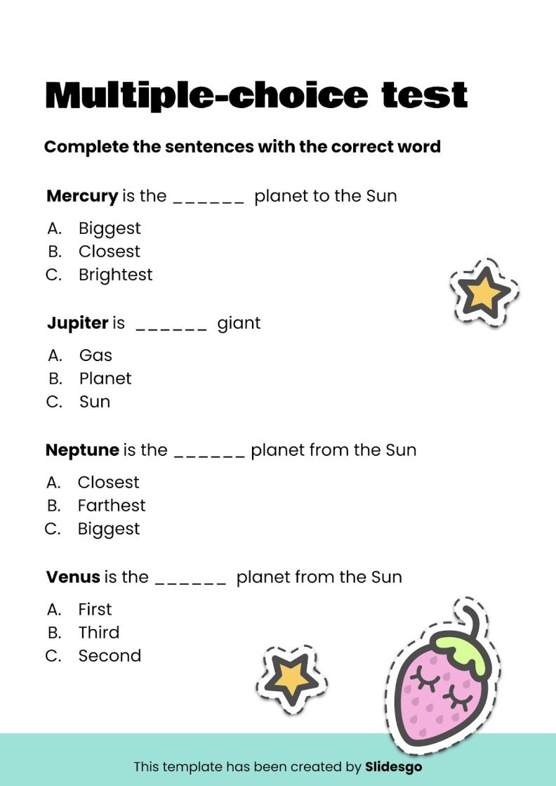 Multiple-choice Test Worksheets for Elementary Presentation
