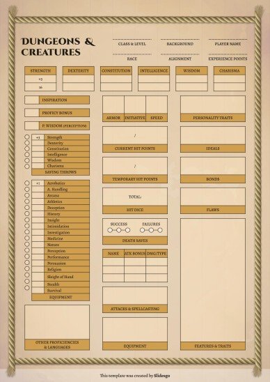 Dungeons and Creatures: Human Character Sheet Presentation