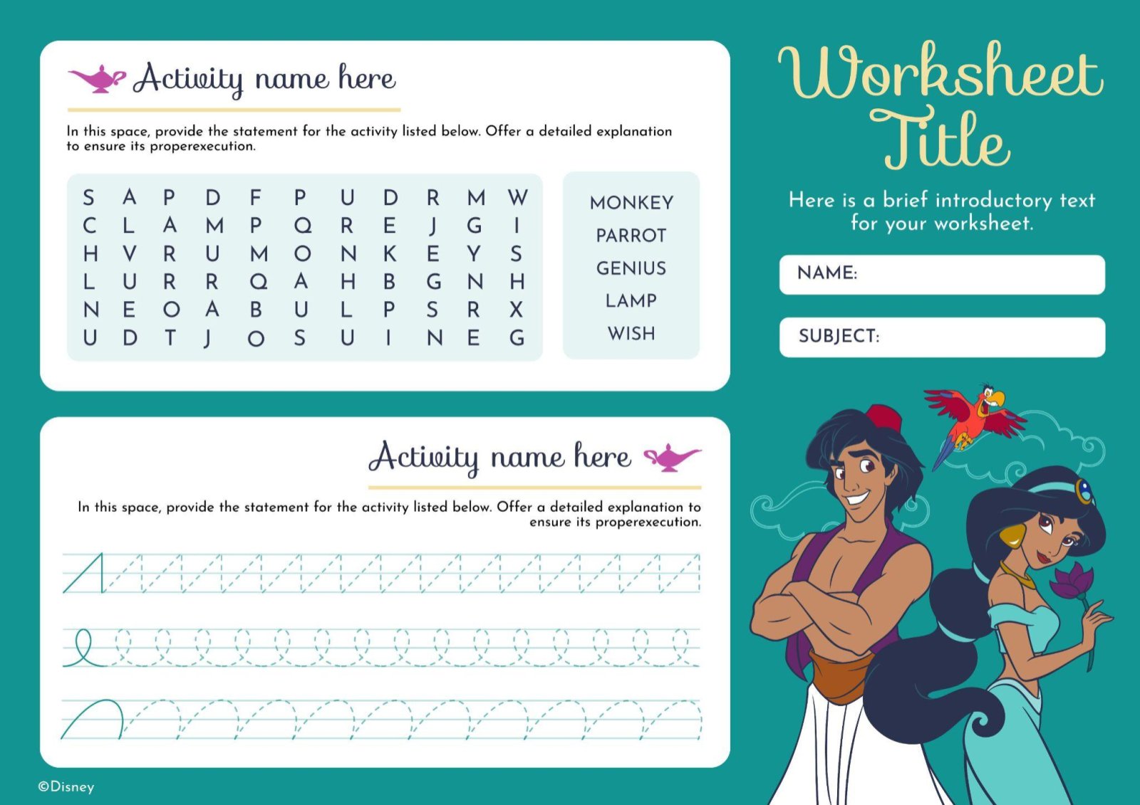 Aladdin & Jasmine Worksheet Google Slides and PowerPoint Template