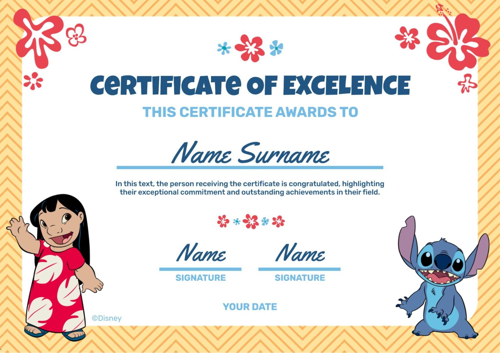 Linear Hand-drawn Lilo & Stitch Certificate Presentation