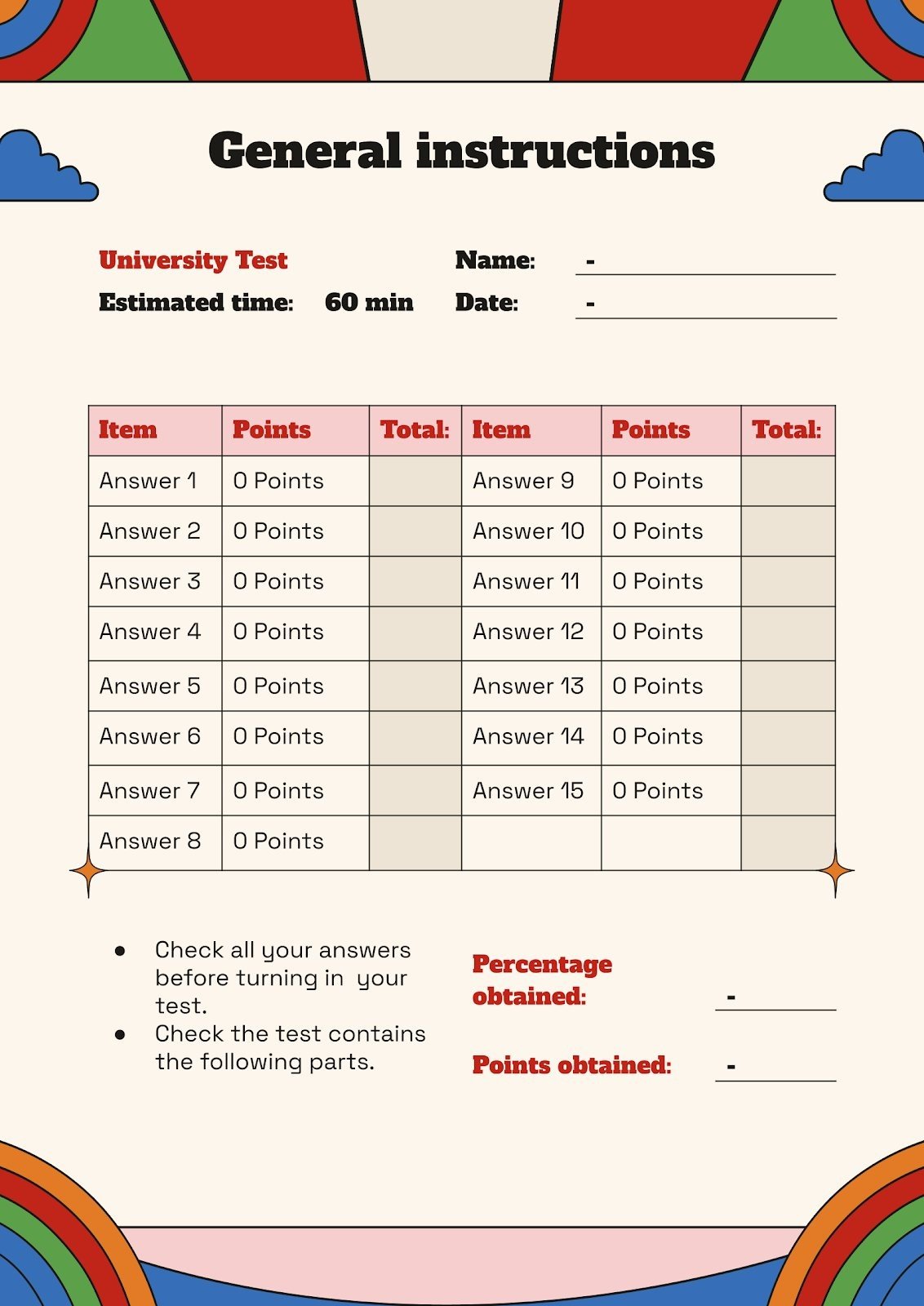 University Tests: Answers, Results & Report Worksheets