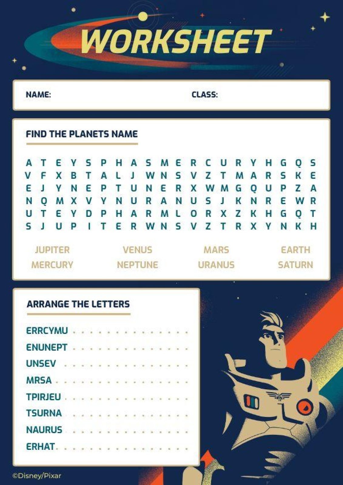 Buzz Lightyear Space Worksheet Template