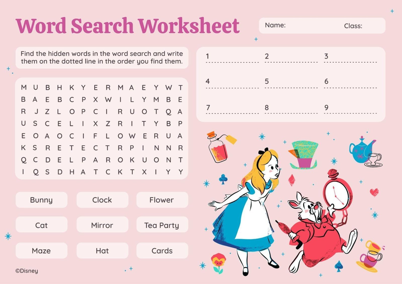 Alice in Wonderland Word Search Worksheet Template