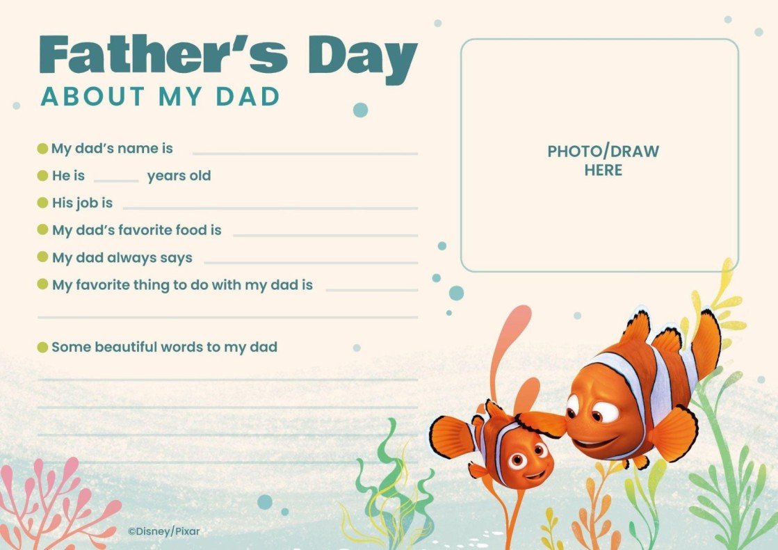 Finding Nemo Father's Day Worksheet Template