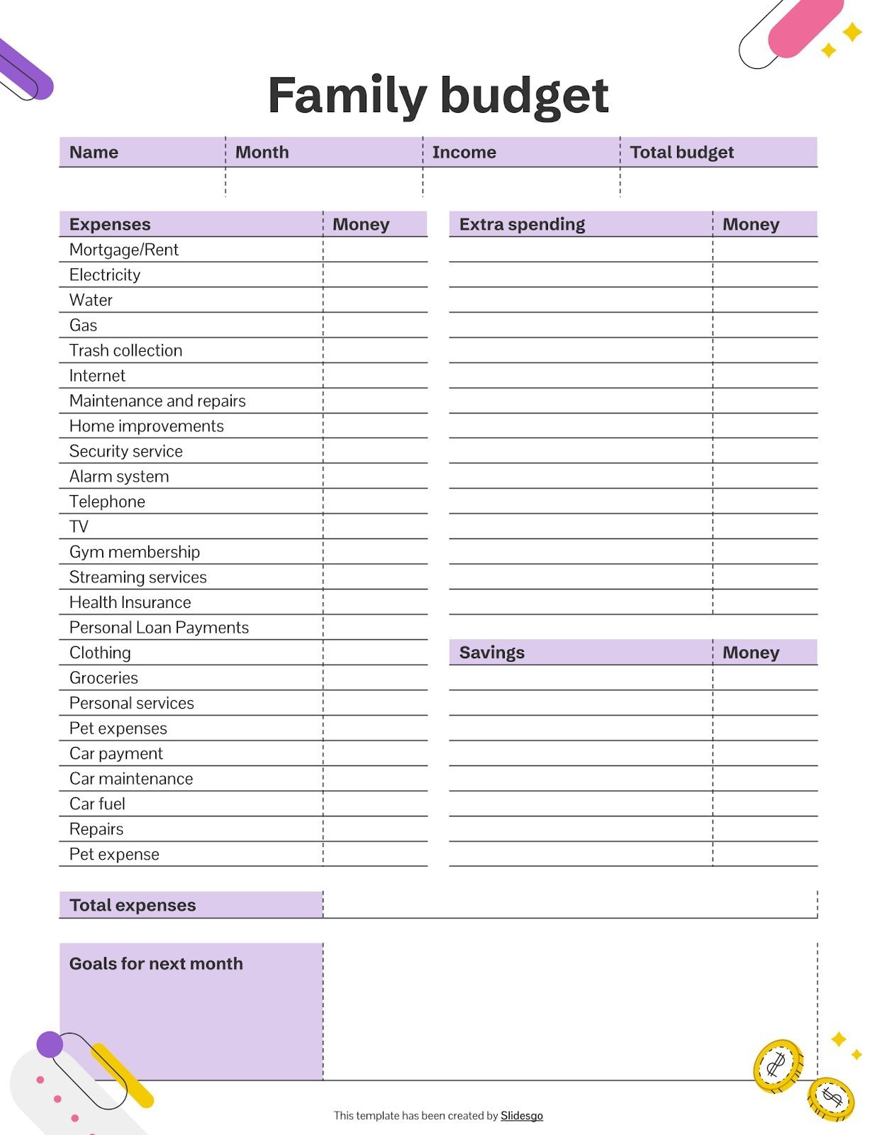 Family budget Worksheet Presentation