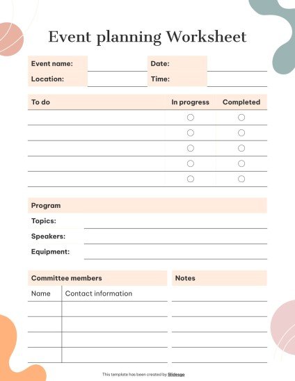 Event planning Worksheet Presentation