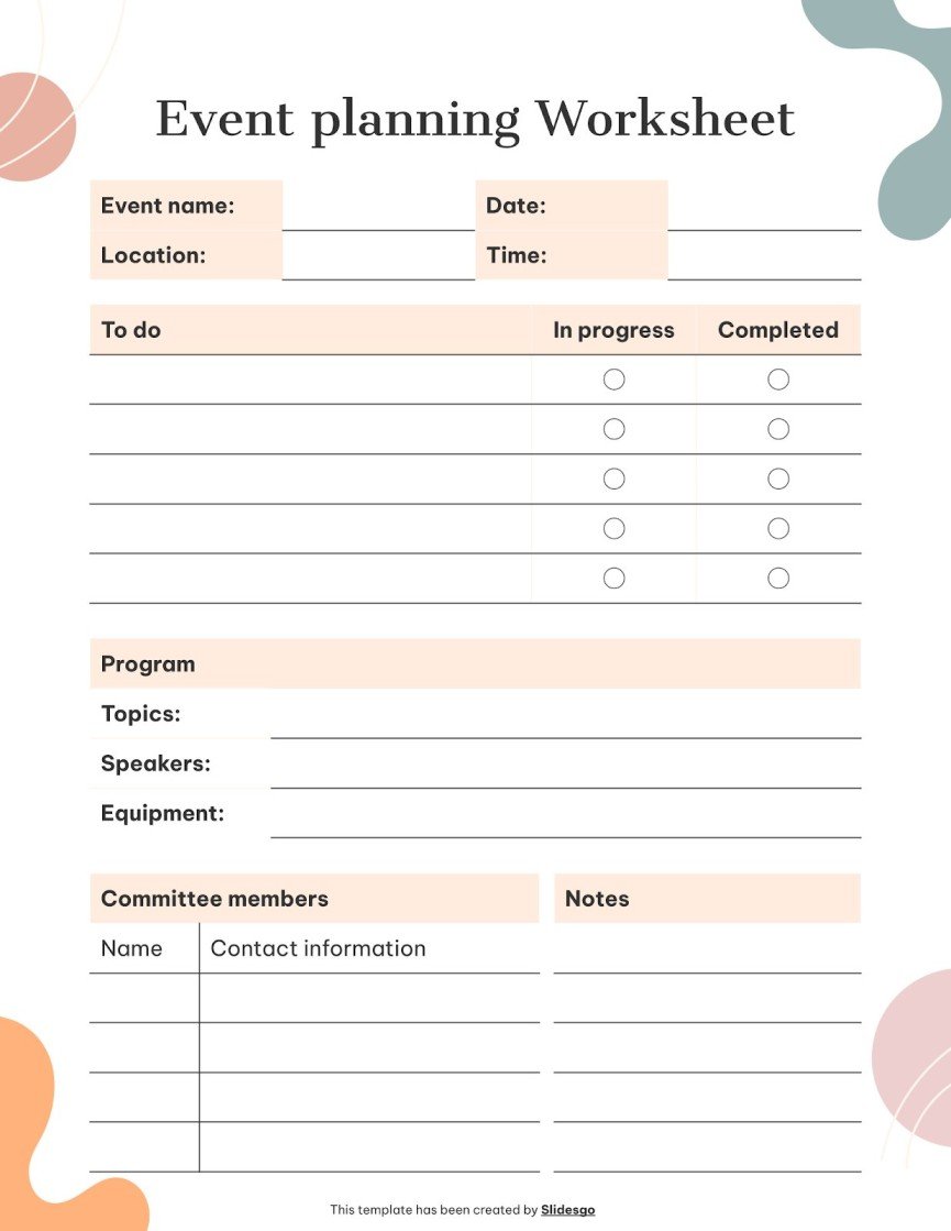 Event planning Worksheet Presentation