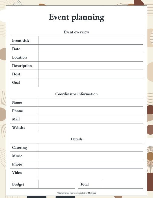 Event Planning Worksheet Template