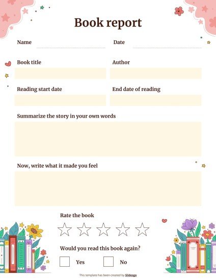 Book Report Worksheet Template