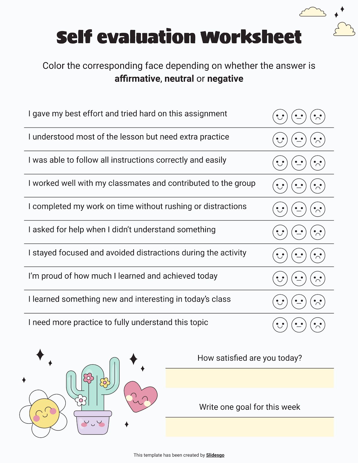 Self Evaluation Worksheet Template