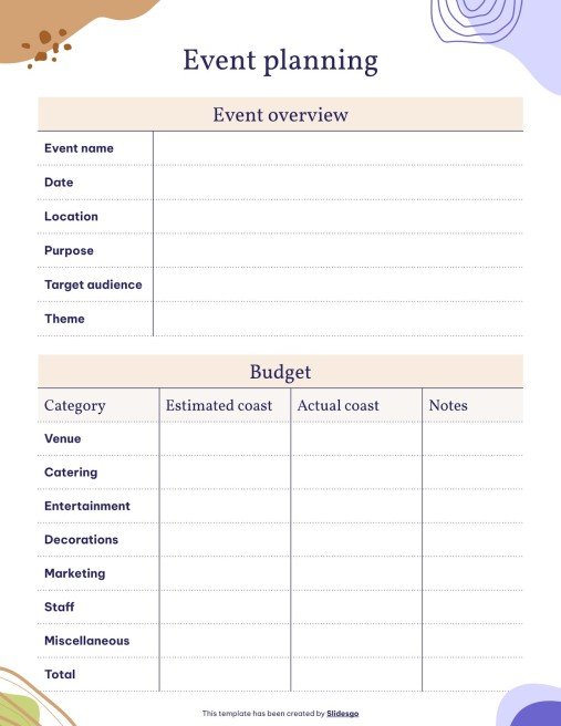 Event Planning Worksheet Template