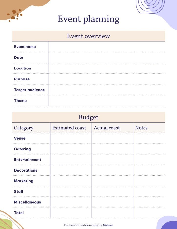Event Planning Worksheet Template