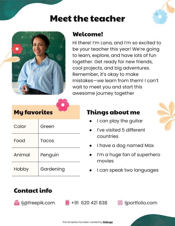 Meet the Teacher Handout Template