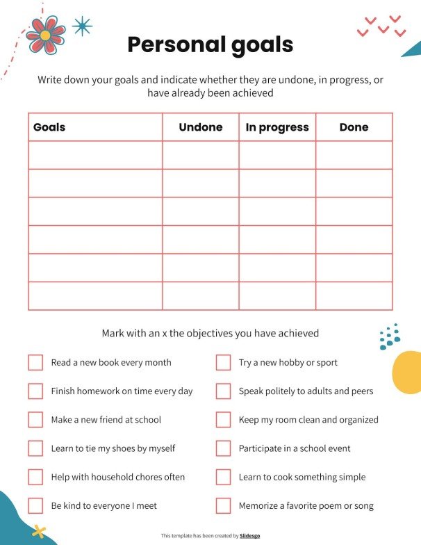 Personal Goals Worksheet Template
