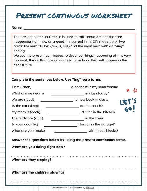 Plantilla Ficha del present continuous en inglés