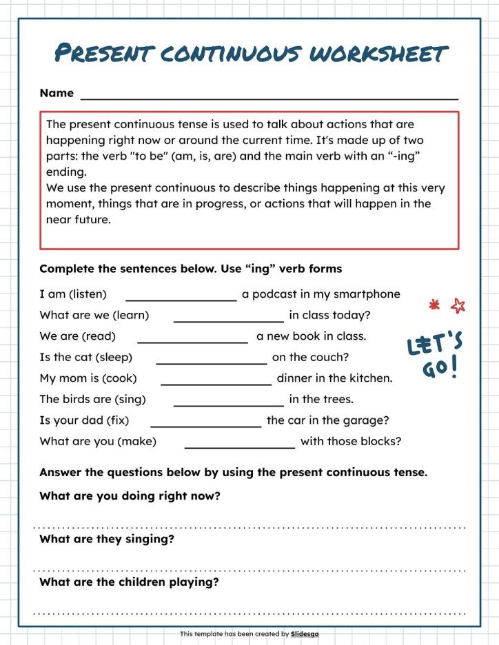 Plantilla Ficha del present continuous en inglés