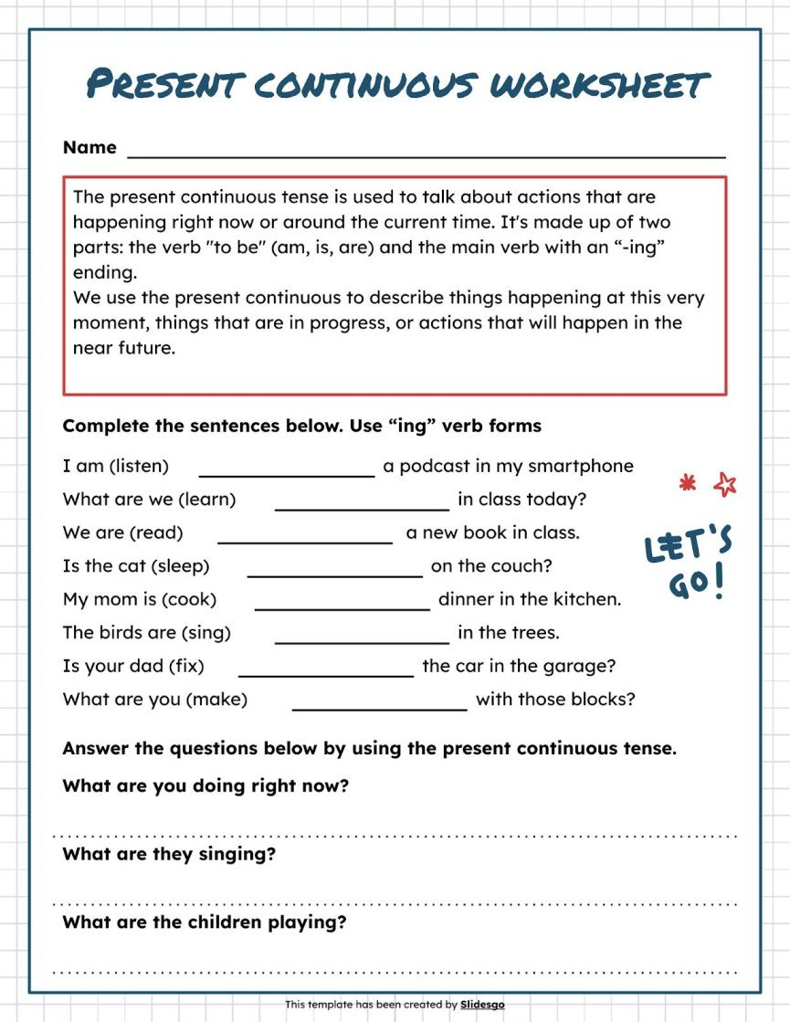 Plantilla Ficha del present continuous en inglés