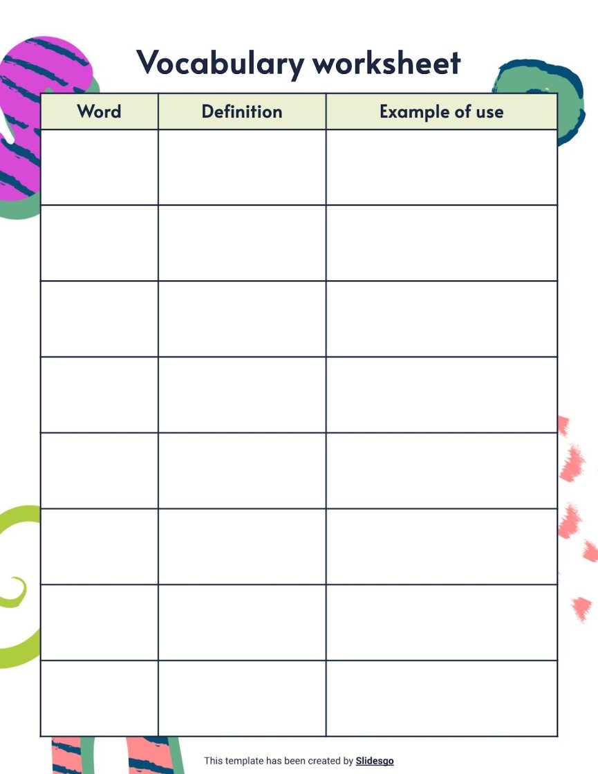 Plantilla Hoja de trabajo de vocabulario