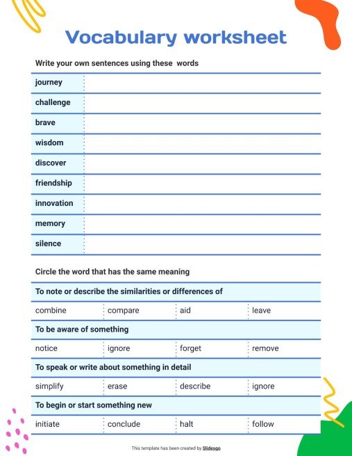 Vocabulary Worksheet Template