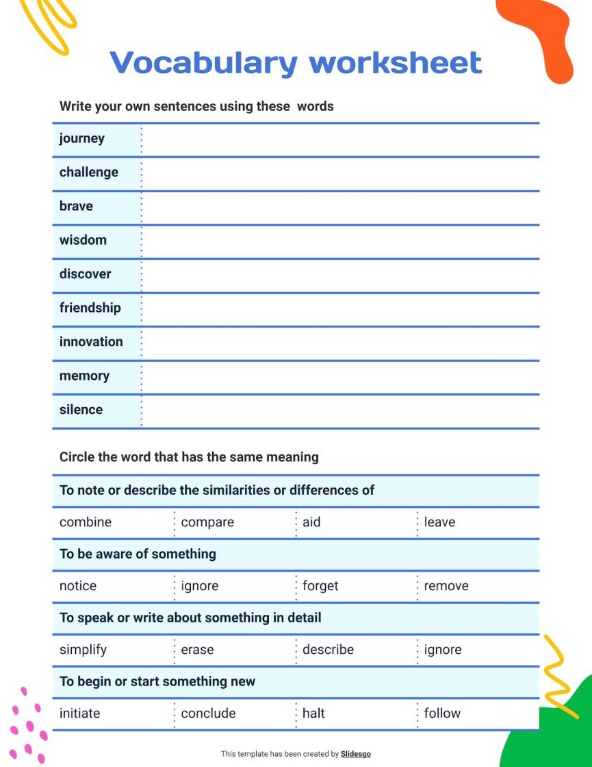 Vocabulary Worksheet Template