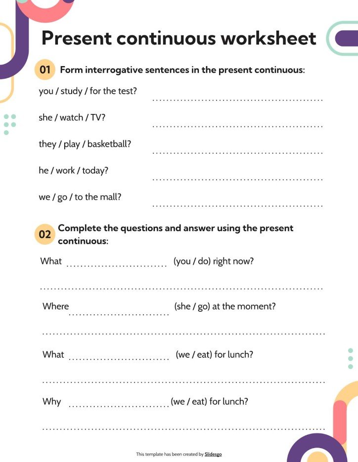 Present Continuous Worksheet Template