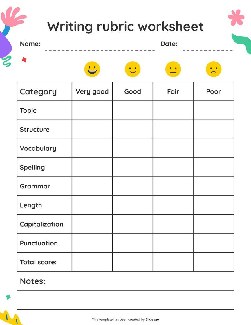 Writing Rubric Worksheet Template