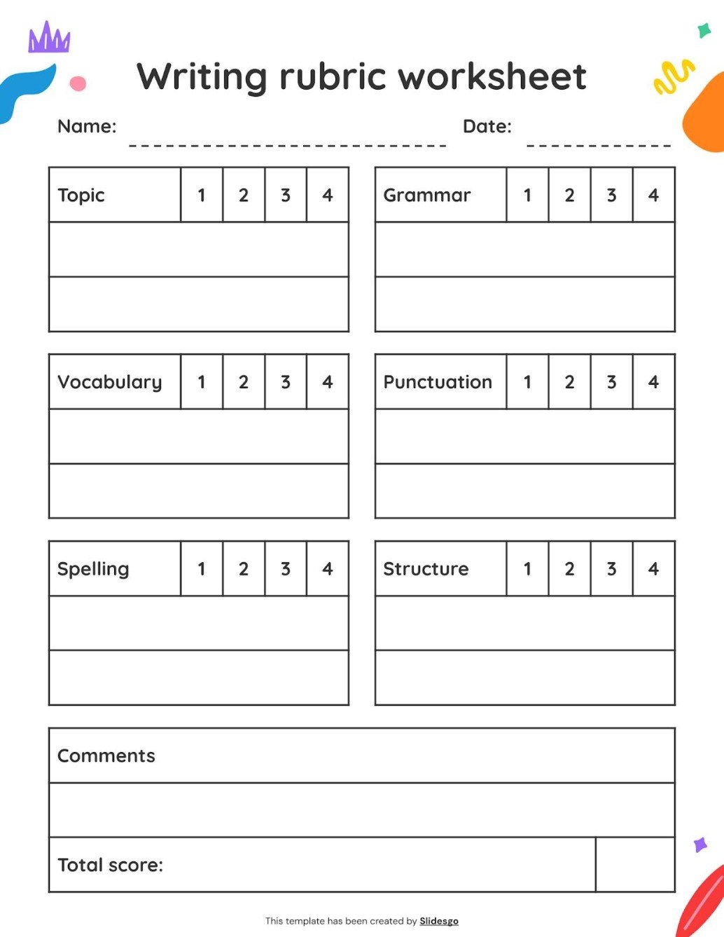 Writing Rubric Worksheet Template