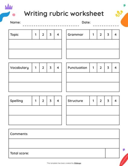 Writing Rubric Worksheet Template