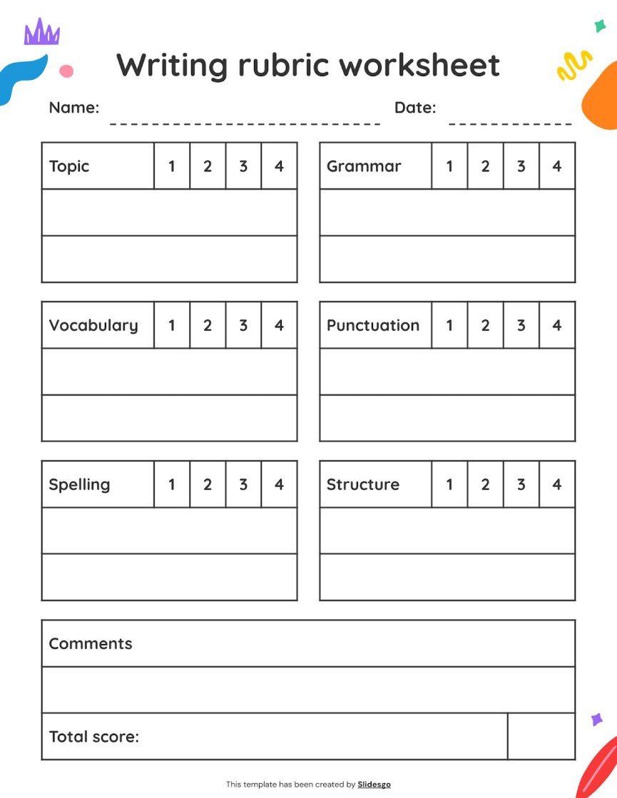 Writing Rubric Worksheet Template