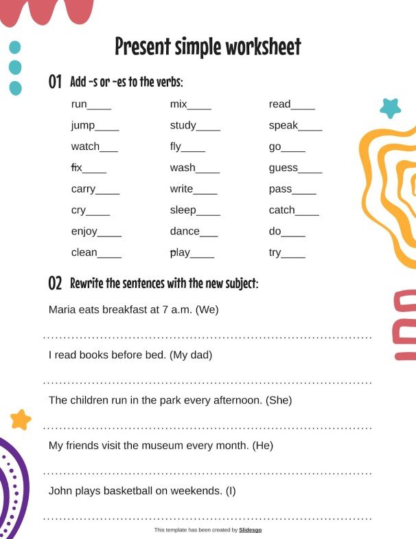 Modèle Feuille de travail du present simple en anglais