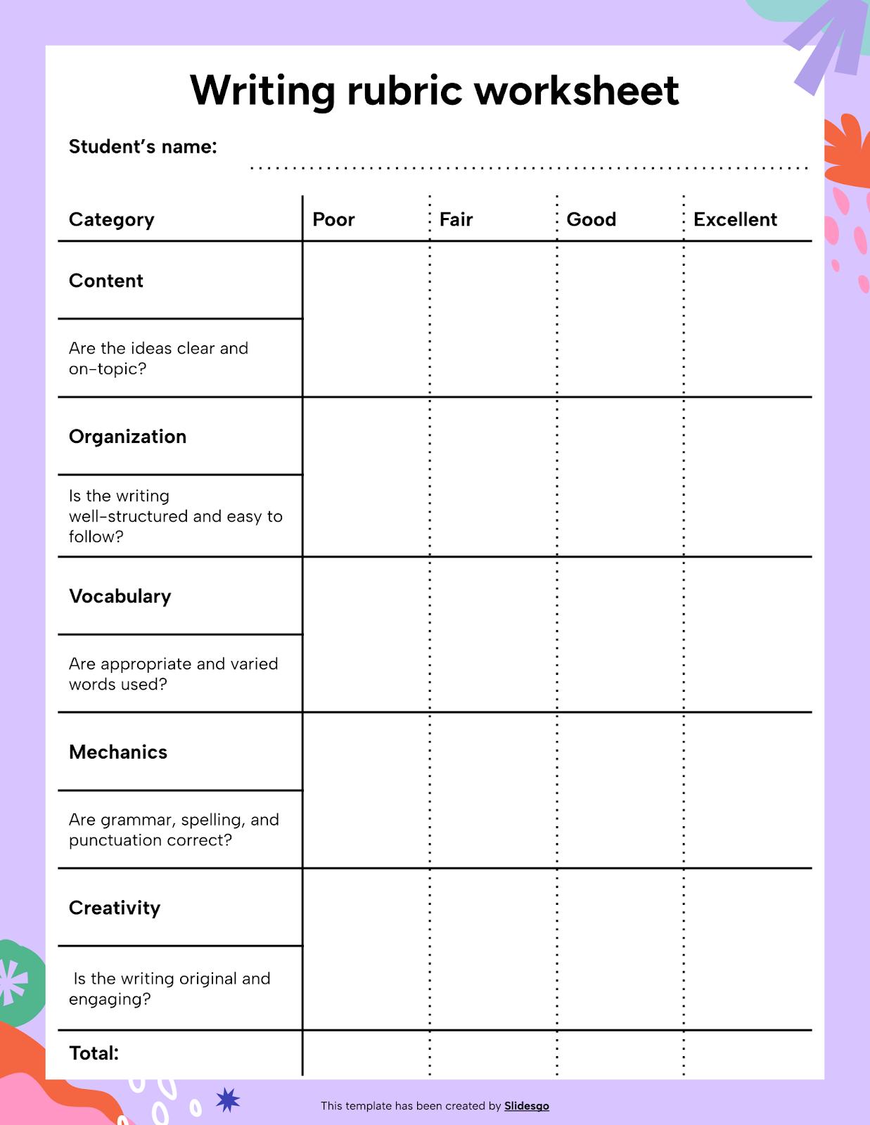 Writing Rubric Worksheet Template