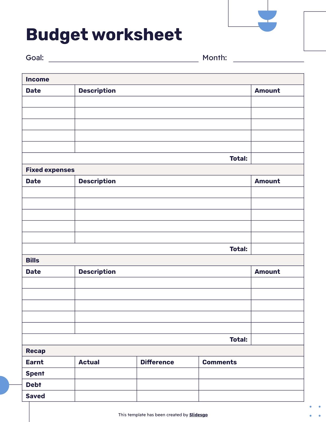 Budget Worksheet Template