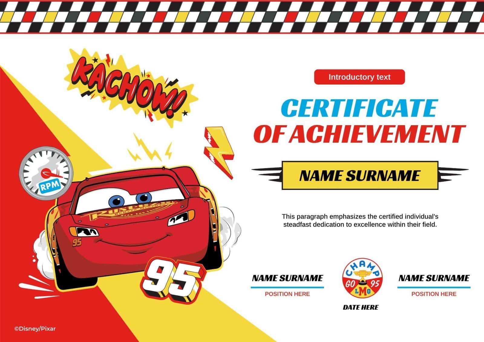 Disney Cars Award Certificate Presentation