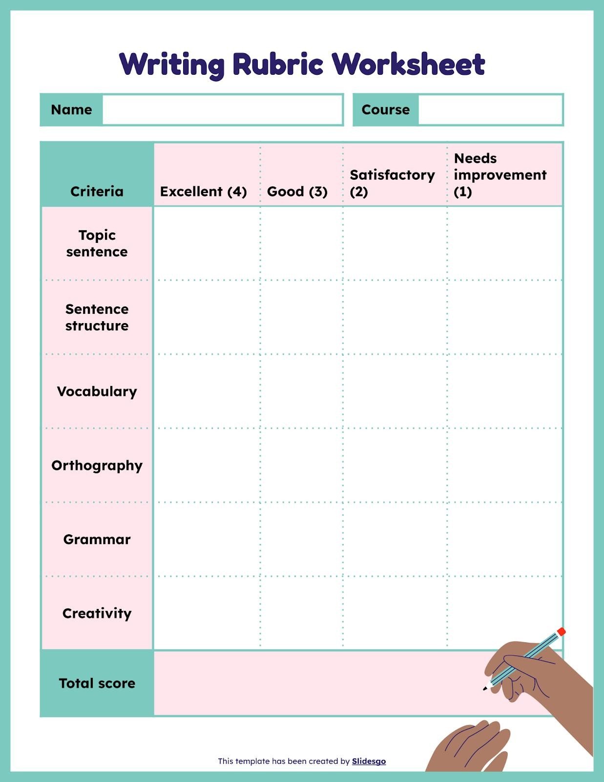 Writing Rubric Worksheet Template