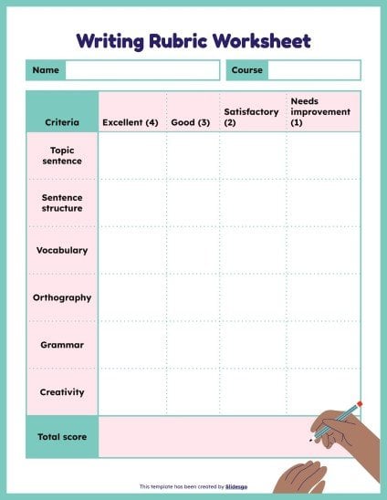 Writing Rubric Worksheet Template