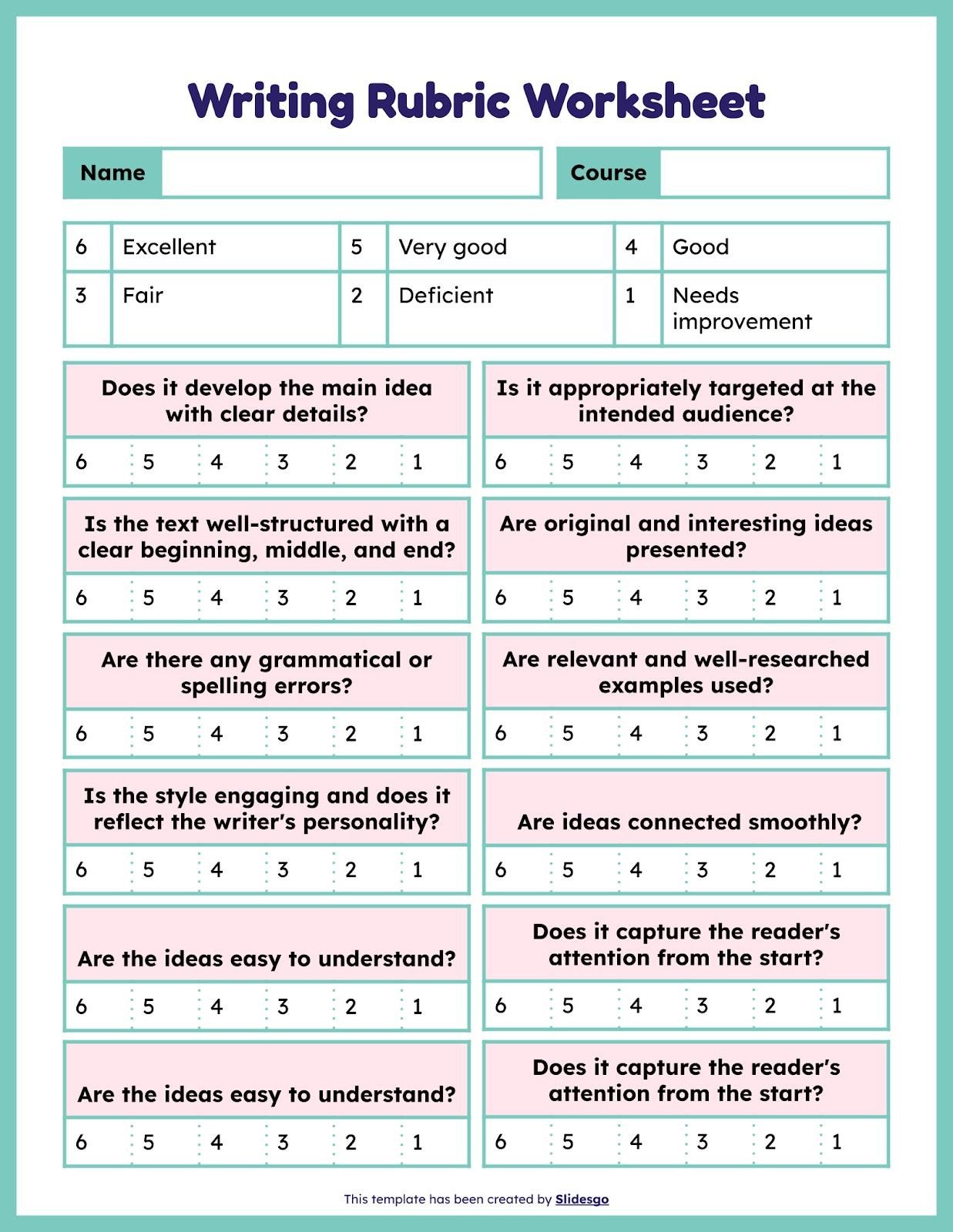 Writing Rubric Worksheet Template
