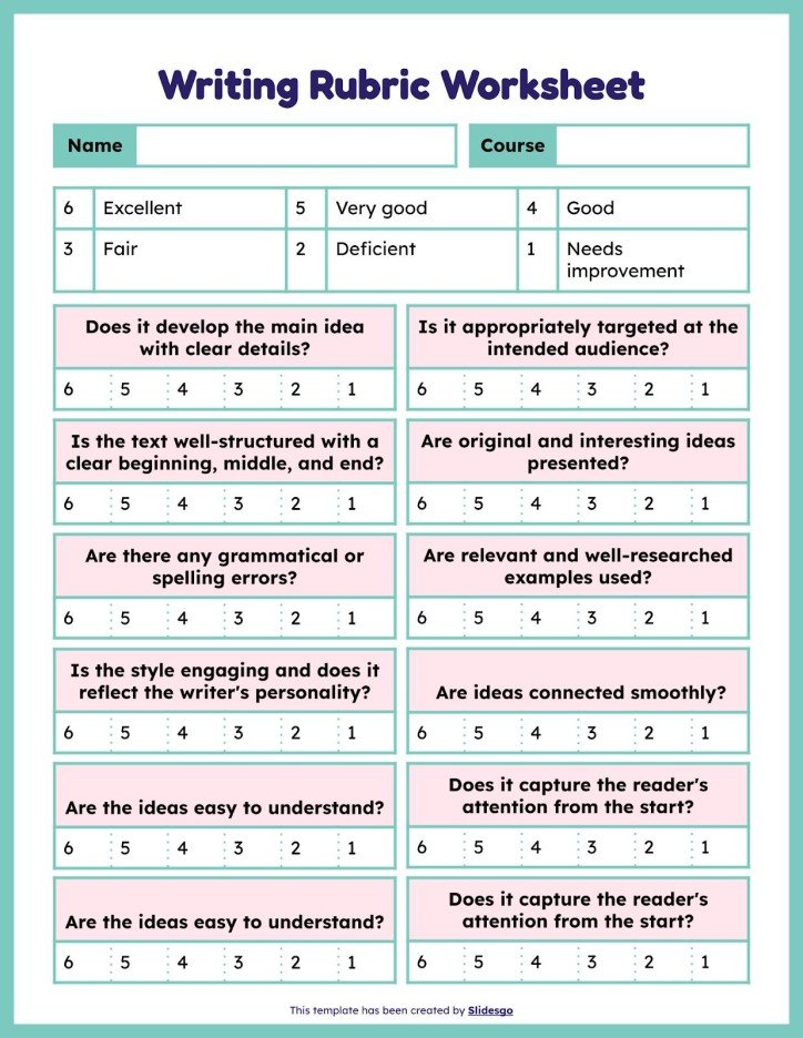 Writing Rubric Worksheet Template