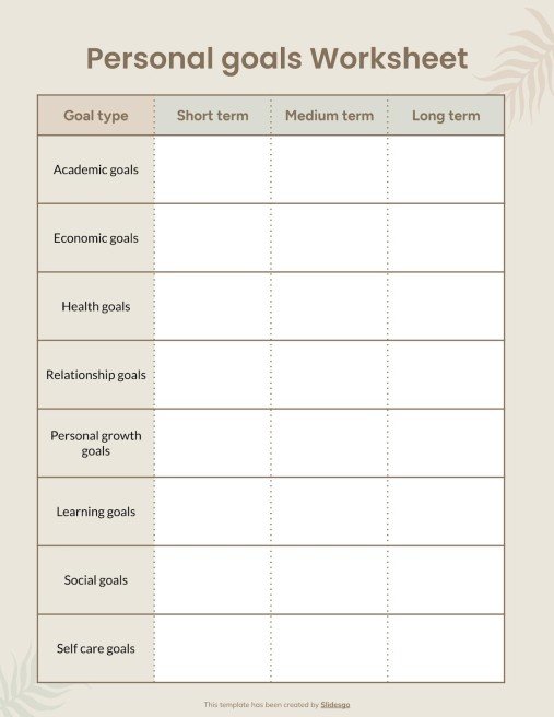 Personal Goals Worksheet Template