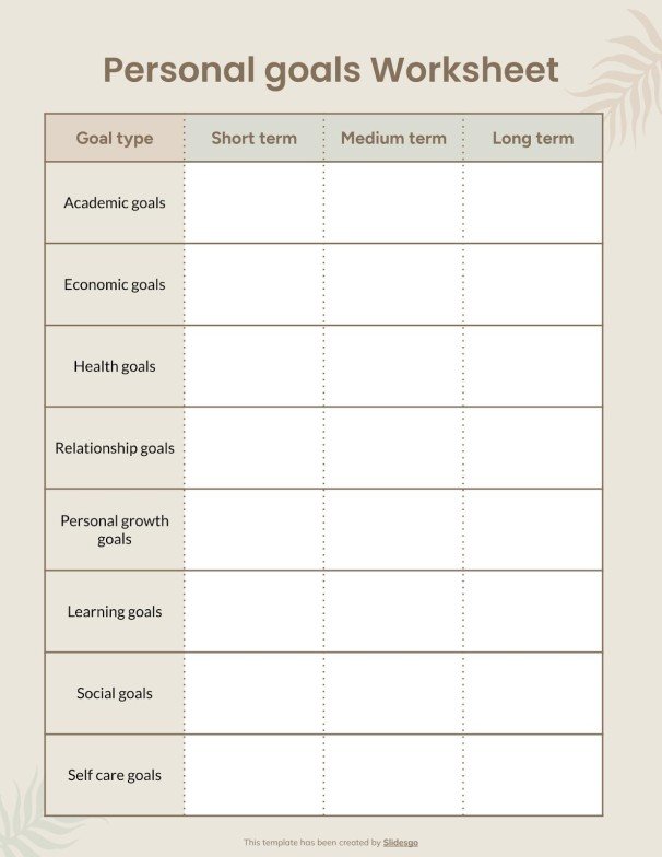 Personal Goals Worksheet Template
