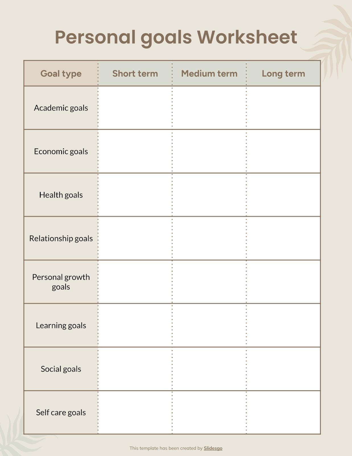 Plantilla Hoja de trabajo de metas personales